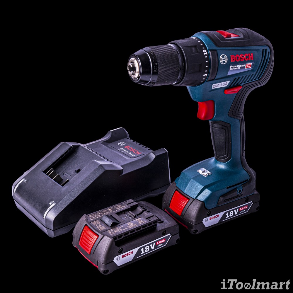 สว่านไร้สาย BOSCH GSR 18V-50 Kit 18V. พร้อมแบตเตอรี่ 2 Ah. x2 และแท่นชาร์จ ลดราคา | iToolmart