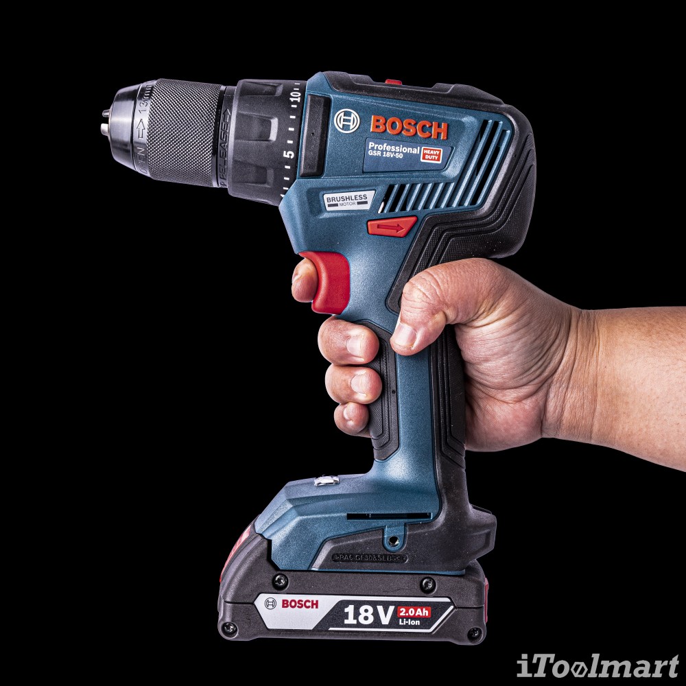 สว่านไร้สาย BOSCH GSR 18V-50 Kit 18V. พร้อมแบตเตอรี่ 2 Ah. x2 และแท่นชาร์จ ลดราคา | iToolmart